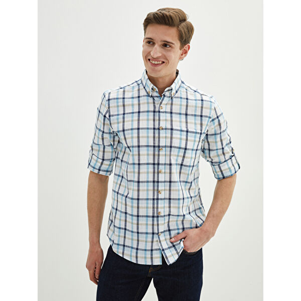 Regular Fit Uzun Kollu Ekose Poplin Erkek Gömlek