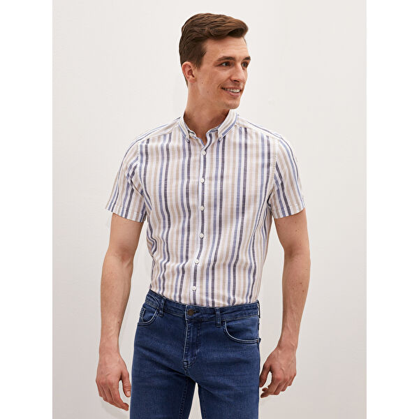 Slim Fit Kısa Kollu Çizgili Poplin Erkek Gömlek