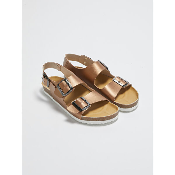 Deri Görünümlü Çift Bantlı Kadın Sandalet