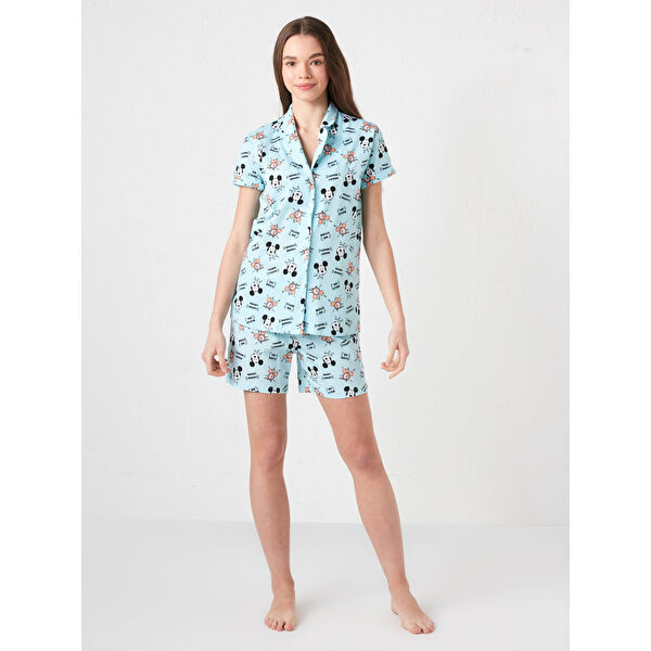 LCW DREAM Gömlek Yaka Mickey Mouse Baskılı Kısa Kollu Pamuklu Kadın Şortlu Pijama Takımı