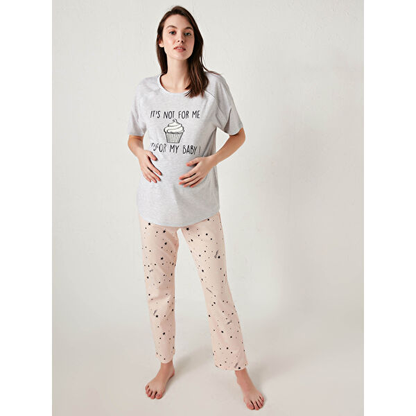LCW DREAM Bisiklet Yaka Baskılı Kısa Kollu Hamile Pijama Takımı