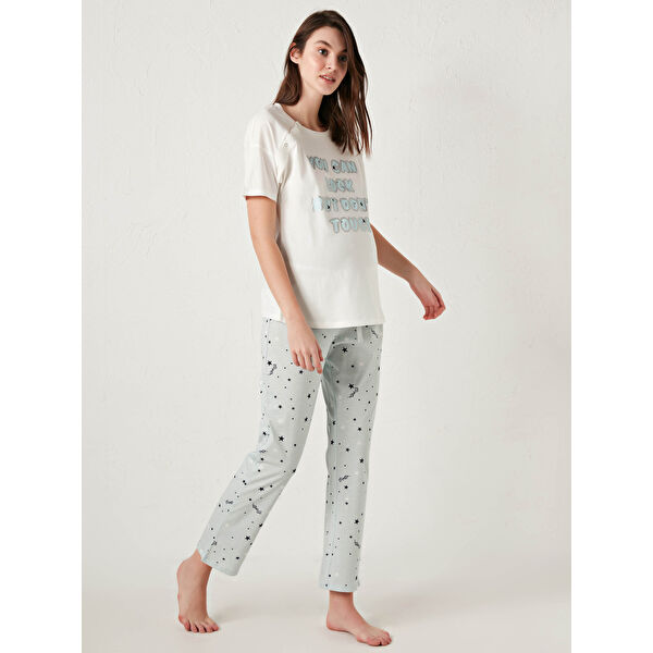 LCW DREAM Bisiklet Yaka Baskılı  Kısa Kollu Pamuklu Hamile Pijama Takımı