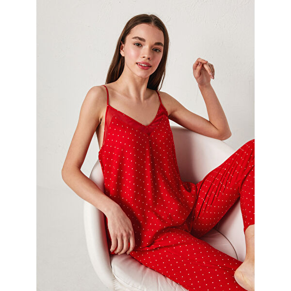 LCW DREAM V Yaka İp Askılı Puantiye Desenli Viskon Kadın Pijama Üst