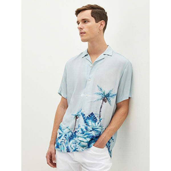 Slim Fit Kısa Kollu Baskılı Viskon Erkek Gömlek