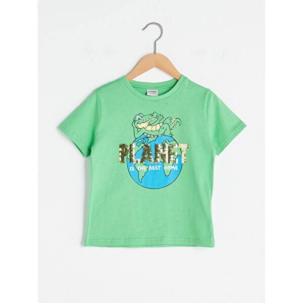 Bisiklet Yaka Baskılı Çift Yönlü Payetli Kısa Kollu Pamuklu Erkek Çocuk Tişört