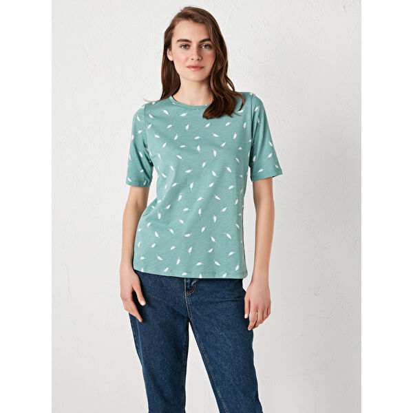 Bisiklet Yaka Desenli Kısa Kollu Kadın Pamuklu Tişört