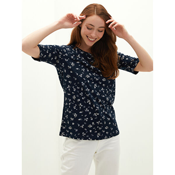 Bisiklet Yaka Desenli Kısa Kollu Kadın Pamuklu Tişört