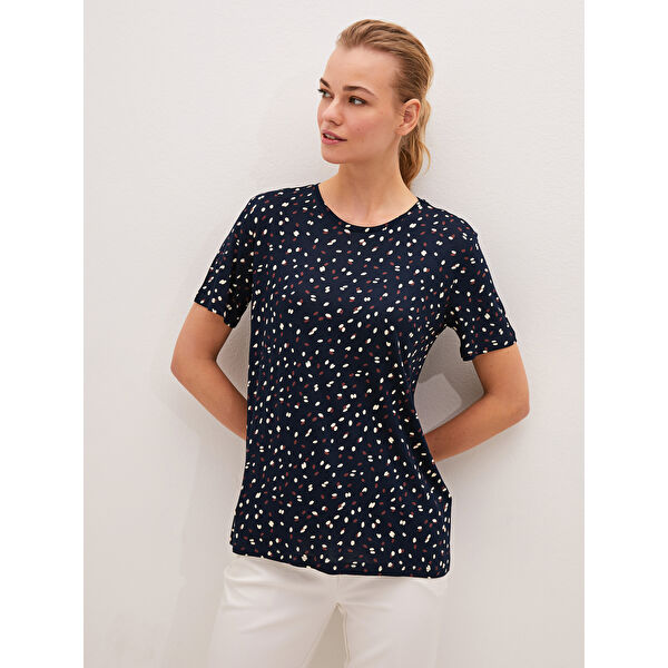 LCW BASIC Bisiklet Yaka Baskılı Kısa Kollu Viskon Kadın Tişört