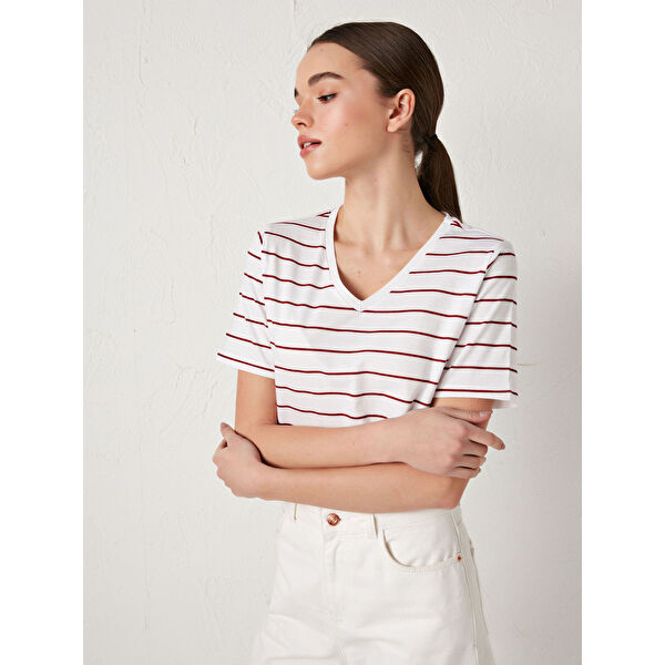 LCW BASIC V Yaka Çizgili Kısa Kollu Pamuklu Kadın Tişört