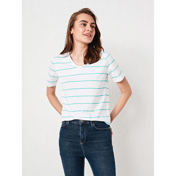 LCW BASIC V Yaka Çizgili Kısa Kollu Pamuklu Kadın Tişört