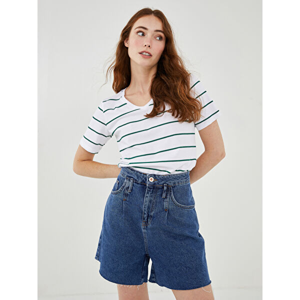LCW BASIC V Yaka Çizgili Kısa Kollu Pamuklu Kadın Tişört