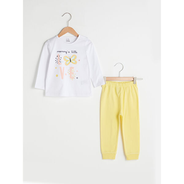 Bisiklet Yaka Uzun Kol Baskılı Pamuklu Kız Bebek Pijama Takımı