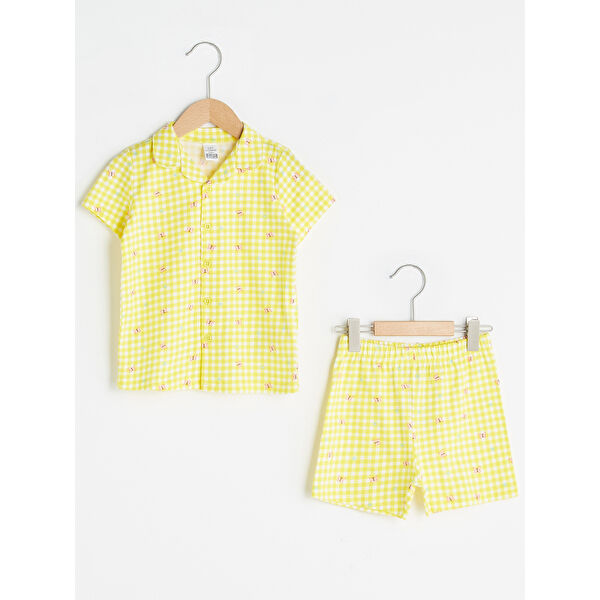 Gömlek Yaka Kısa Kollu Baskılı Kız Bebek Pijama Takımı