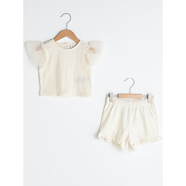 Bisiklet Yaka Tüllü Kısa Kol Kendinden Desenli Tişört ve Şort 2'li