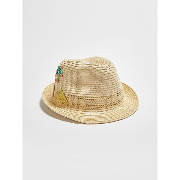 Kız Çocuk Aplikeli Hasır Fört Şapka