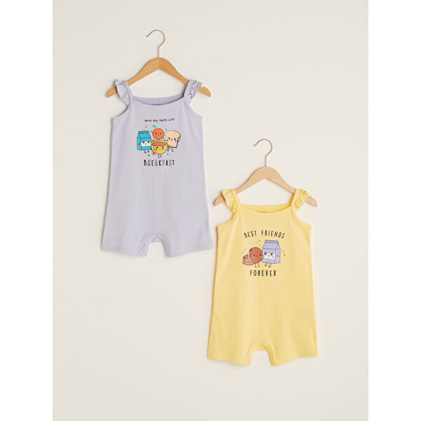 Kare Yaka Askılı Baskılı Pamuklu Kız Bebek Tulum 2'li