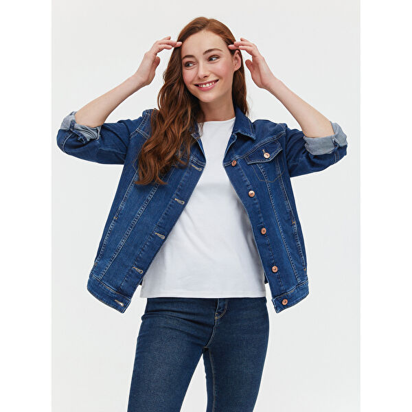 LCW CLASSIC Ceket Yaka Düğme Kapamalı Uzun Kollu Kadın Jean Ceket