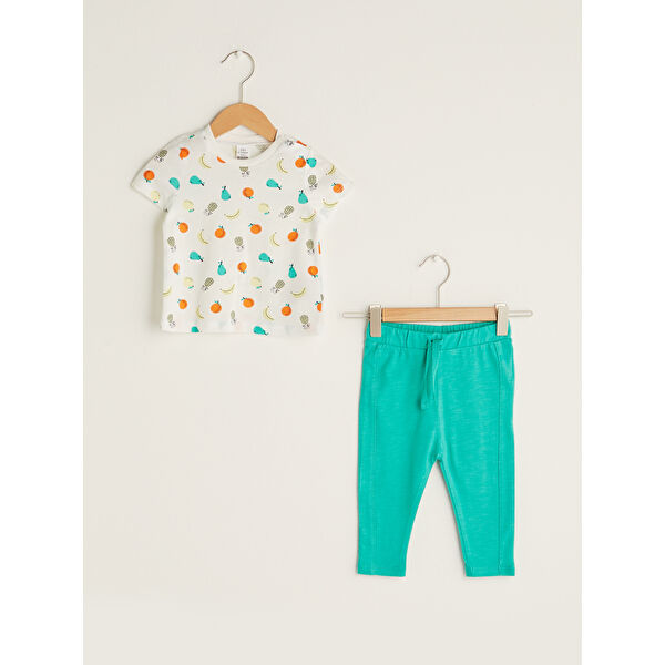 Bisiklet Yaka Kısa Kollu Pamuklu Tişört ve Pantolon 2'li Takım