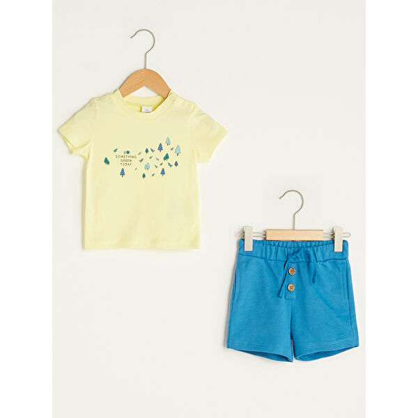 Bisiklet Yaka Kısa Kollu Baskılı Pamuklu Erkek Bebek Tişört ve Şort 2'li Takım