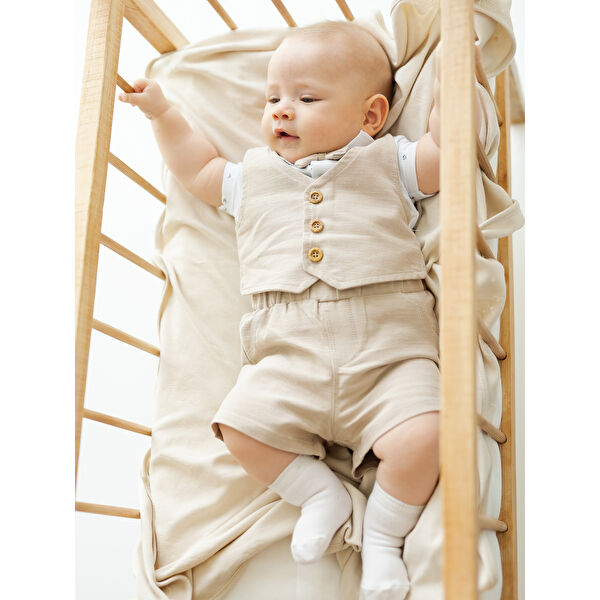 Gömlek Yaka Kısa Kollu Pamuklu Erkek Bebek Çıtçıtlı Body ve Şort 2'li Takım