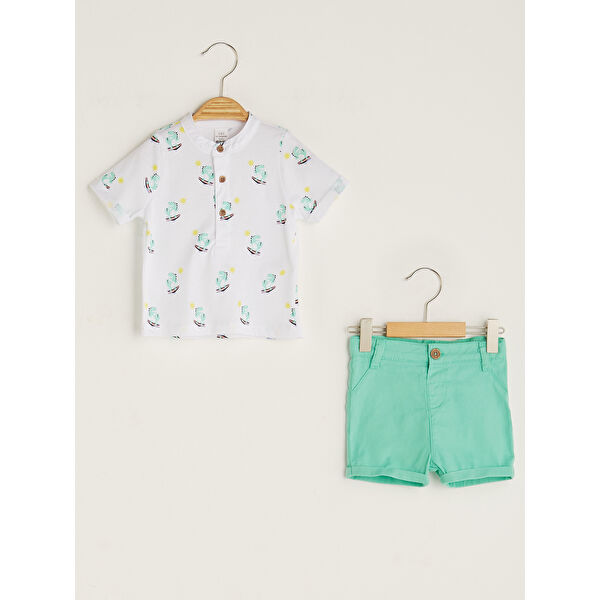 Hakim Yaka Kısa Kollu Desenli Erkek Bebek Gömlek ve Şort 2'li Takım