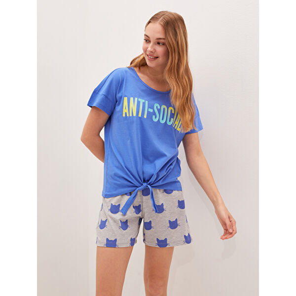 LCW DREAM Bisiklet Yaka Baskılı Kısa Kollu Kadın Şortlu Pijama Takımı