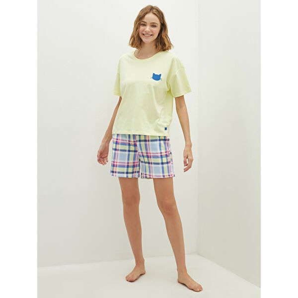 LCW DREAM Bisiklet Yaka Ekose Kısa Kollu Pamuklu Kadın Şortlu Pijama Takımı