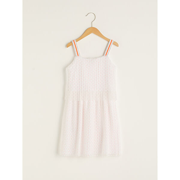 Askılı Puantiyeli Kız Çocuk Dantel Elbise