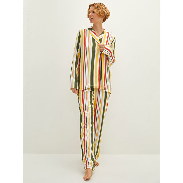 LCW DREAM Gömlek Yaka Çizgili Uzun Kolllu Viskon Kadın Pijama Takımı