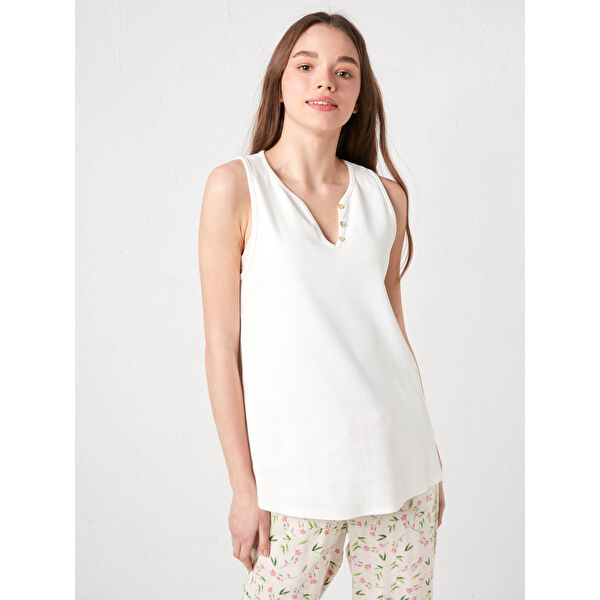 LCW DREAM V Yaka Düz Düğme Detaylı Kadın Pijama Üst