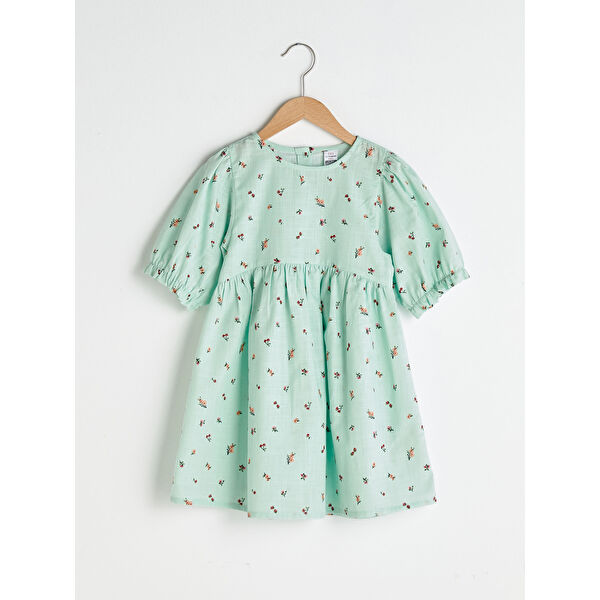 Çicek Baskılı Bisiklet Yaka Uzun Kollu Pamuklu Kız Bebek Elbise