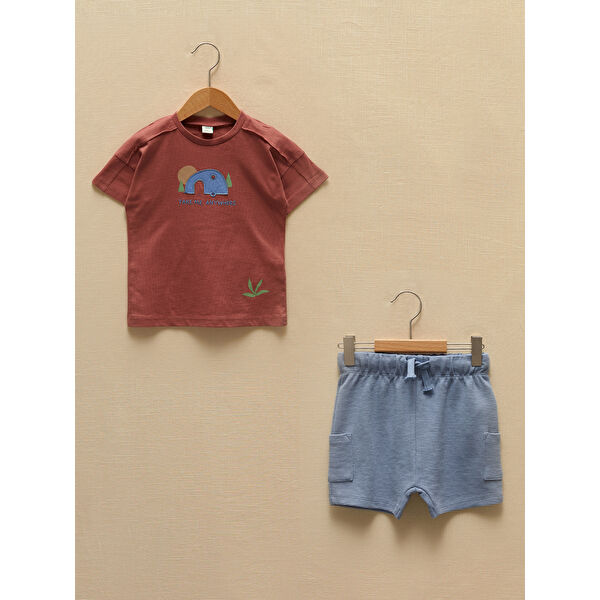 Bisiklet Yaka Kısa Kollu Organik Pamuklu Erkek Bebek Tişört ve Şort 2'li Takım