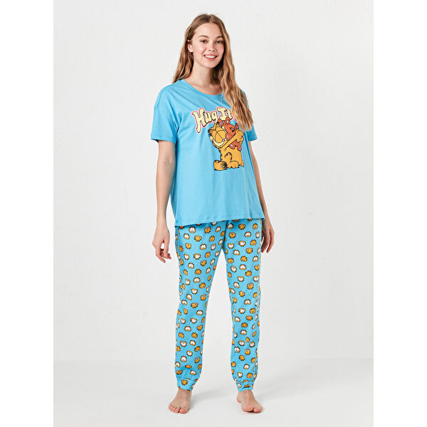 LCW DREAM Bisiklet Yaka Garfield Baskılı Kısa Kollu Pamuklu Kadın Pijama Takımı
