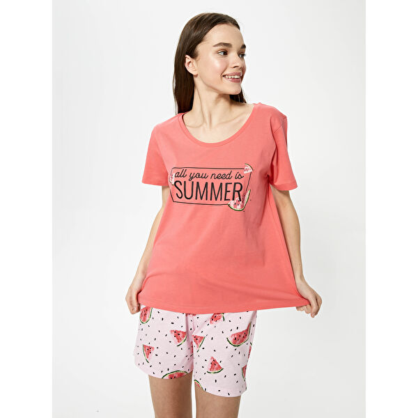 LCW DREAM Bisiklet Yaka Baskılı Kısa Kollu Pamuklu Kadın Şortlu Pijama Takımı