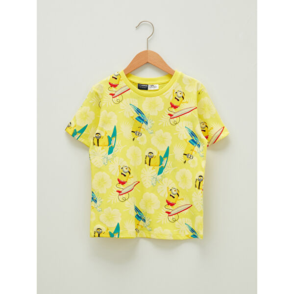Bisiklet Yaka Minions Baskılı Pamuklu Kısa Kollu Erkek Çocuk Tişört
