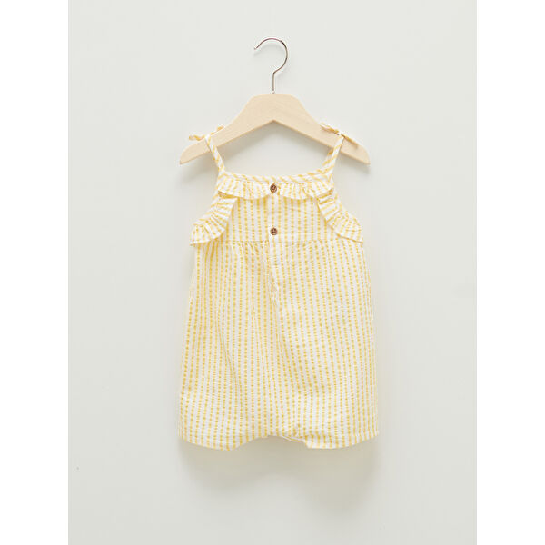 Kare Yaka Askılı Çizgili Pamuklu Kız Bebek Tulum