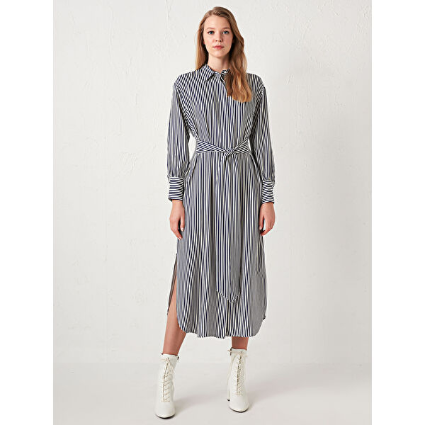 MODEST Kuşaklı Çizgili Gömlek Elbise