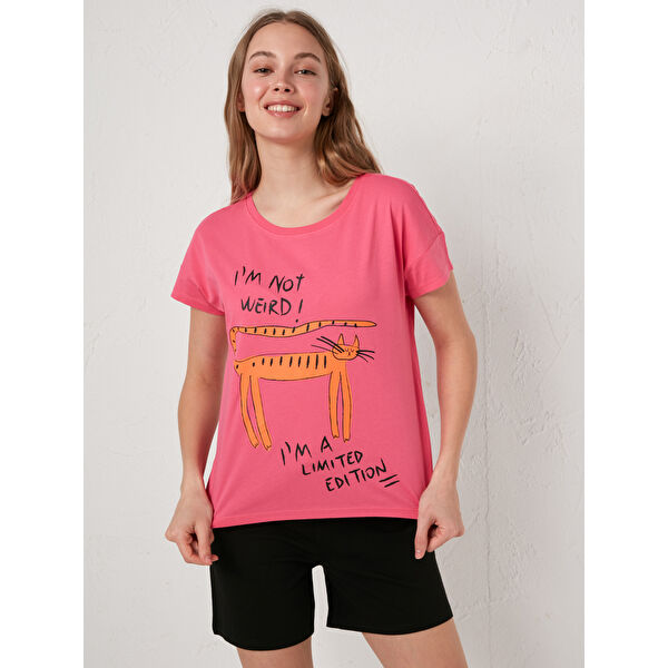 LCW DREAM Bisiklet Yaka Baskılı Kısa Kollu Pamuklu Kadın Şortlu Pijama Takımı