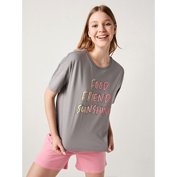 LCW DREAM Bisiklet Yaka Slogan Baskılı Şortlu Kadın Pijama Takımı