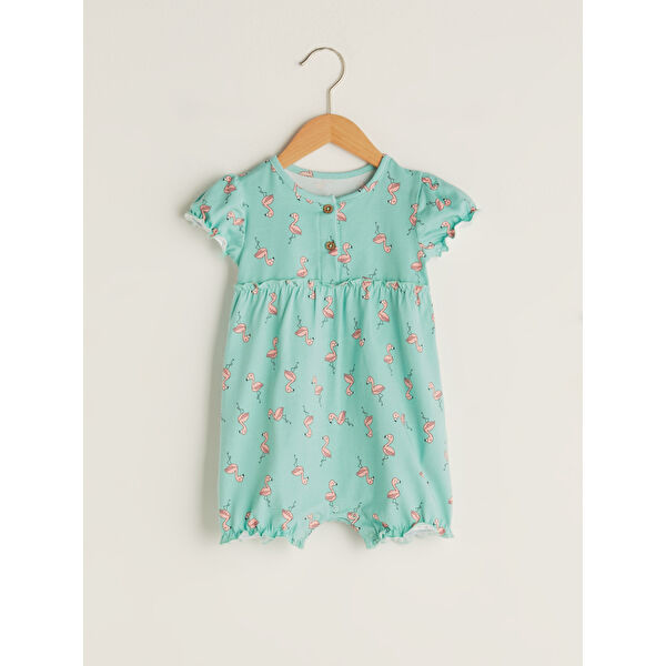 Bisiklet Yaka Kısa Kol Baskılı Pamuklu Kız Bebek Tulum