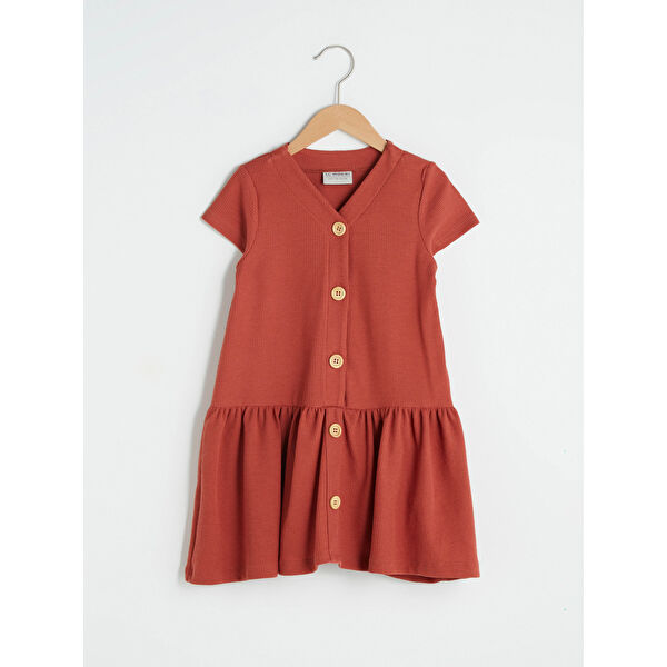 V Yaka Basic Düğme Detaylı Kısa Kollu Kız Çocuk Elbise V Yaka Basic Düğme Detaylı Kısa Kollu Kız Çocuk Elbise