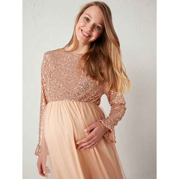 Bisiklet Yaka Pul Payetli Hamile Elbise