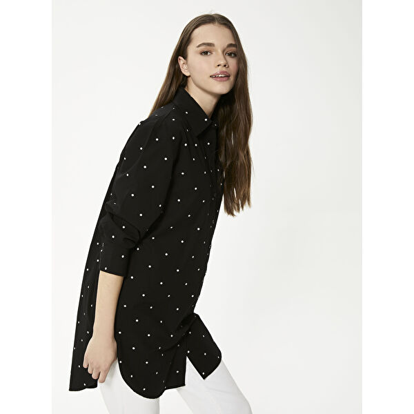 LCW CASUAL Gömlek Yaka Puantiye Desenli Uzun Kollu Poplin Kadın Tunik