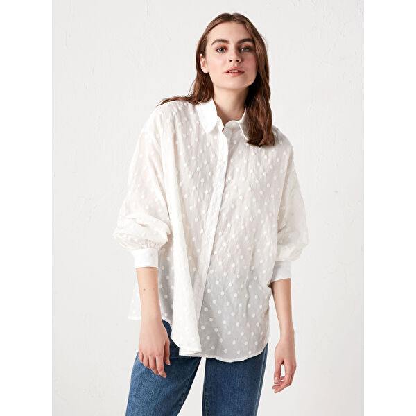 LCW CASUAL Puantiye Desenli Uzun Kollu Oversize Pamuklu Kadın Gömlek