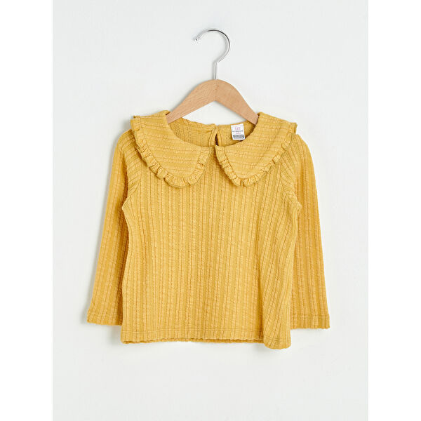 Bisiklet Yaka Uzun Kol Kendinden Desenli Kız Bebek Tişört