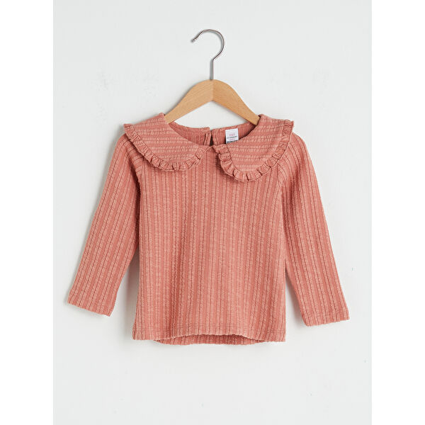 Bisiklet Yaka Uzun Kol Kendinden Desenli Kız Bebek Tişört