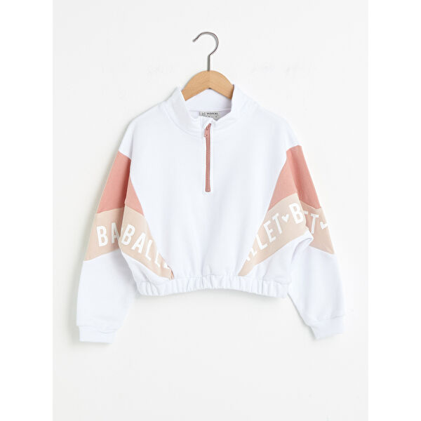 Dik Yaka Bale Yazı Baskılı Renk Bloklu Uzun Kollu Kız Çocuk Sweatshirt
