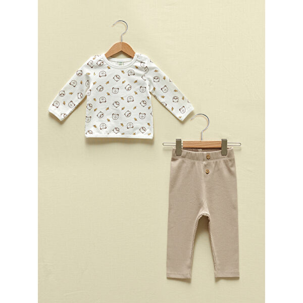 Bisiklet Yaka Uzun Kol Organik Pamuklu Erkek Bebek Tişört ve Pantolon 2'li Takım