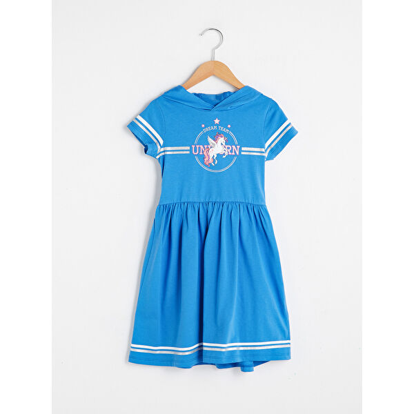 Kapüşonlu Baskılı Kısa Kollu Kız Çocuk Elbise