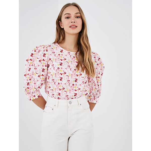 Bisiklet Yaka Çiçek Baskılı Kısa Kollu Poplin Kadın Bluz Bisiklet Yaka Çiçek Baskılı Kısa Kollu Poplin Kadın Bluz